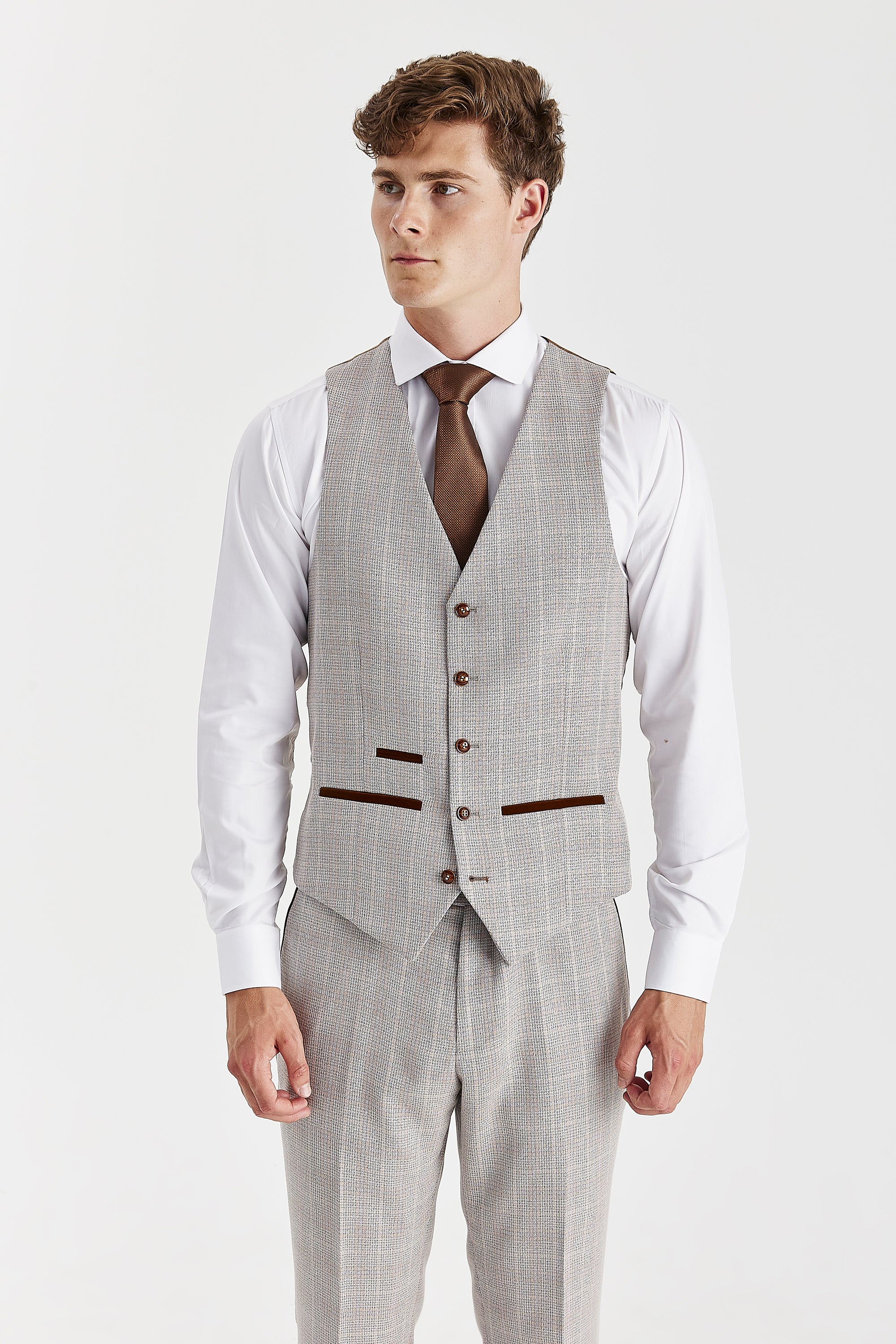 Leo Beige Men's Checked Waistcoat | Paul Andrew Suits