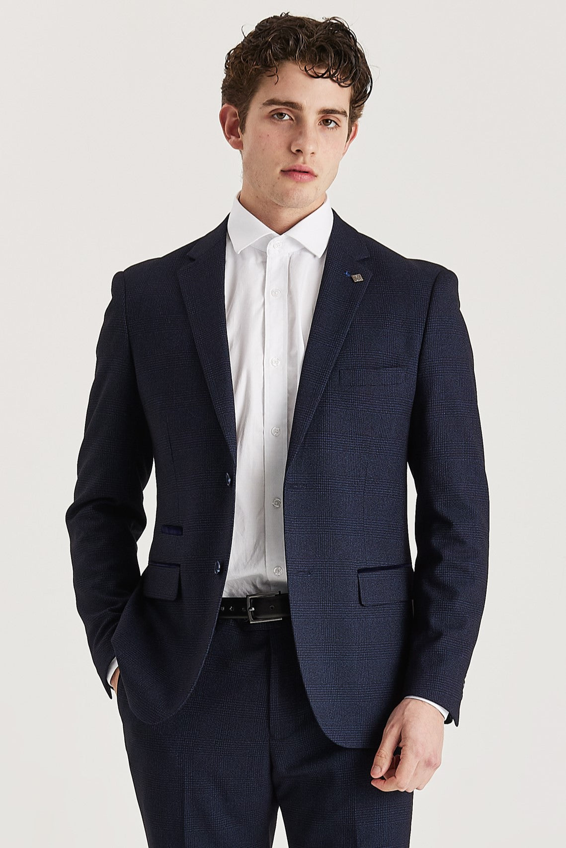 Regent Navy Two-Piece Suit – Checked Suit with Suede Trimmings | Paul ...