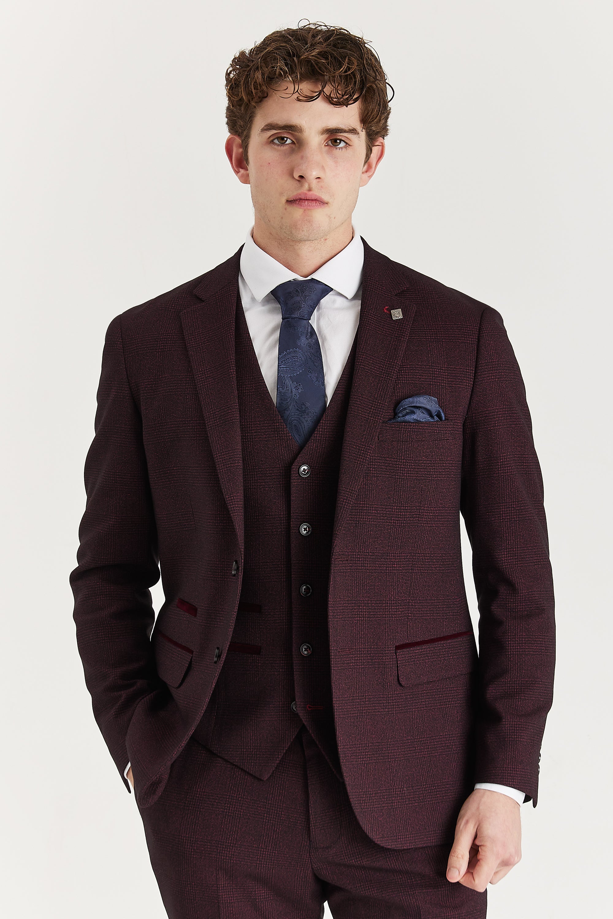 Regent Wine Three-Piece Suit by Paul Andrew - Classic Check & Suede Details